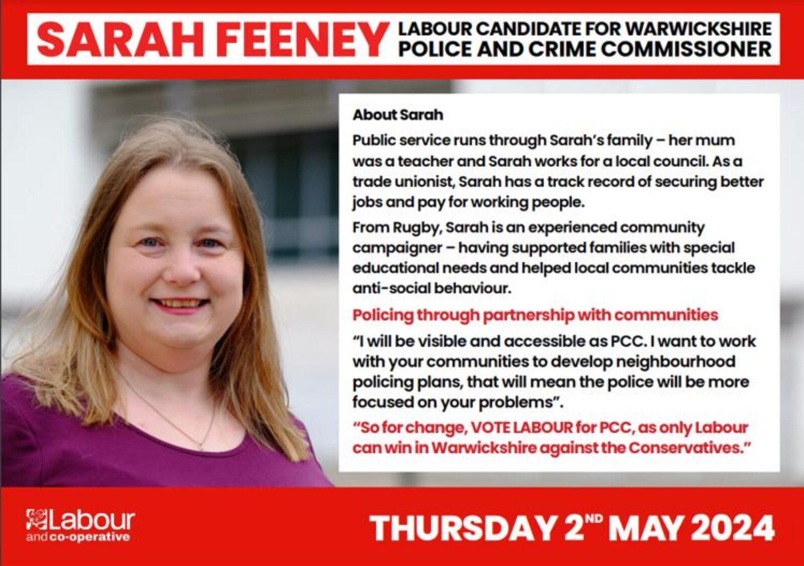 Sarah Feeney for Warwickshire PCC - Warwick and Leamington Labour Party